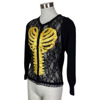Too Fast Gold Skeleton Ribs Goth Witch Emo Black Cardigan Sweater S | eBay