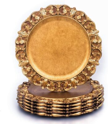 SET of 6 Luxury Designer Bronze 14.25" Charger Plate Baroque Embossed ...