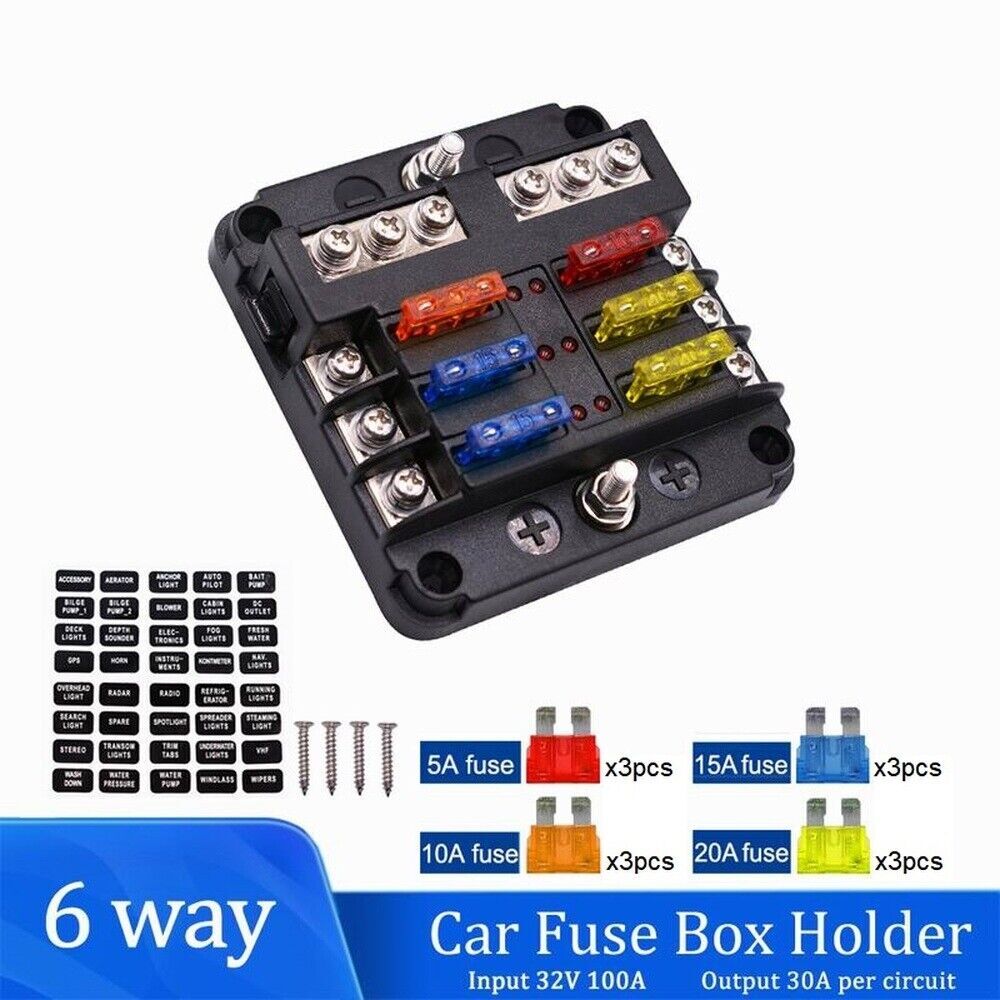 6 Way Blade Fuse Box Block FuseBox Holder Auto Marine Bus Bar Car Kit ...
