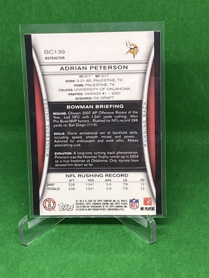 Adrian Peterson 2008 Bowman Chrome #139 Refractor 2nd Year HOF Vikings ...