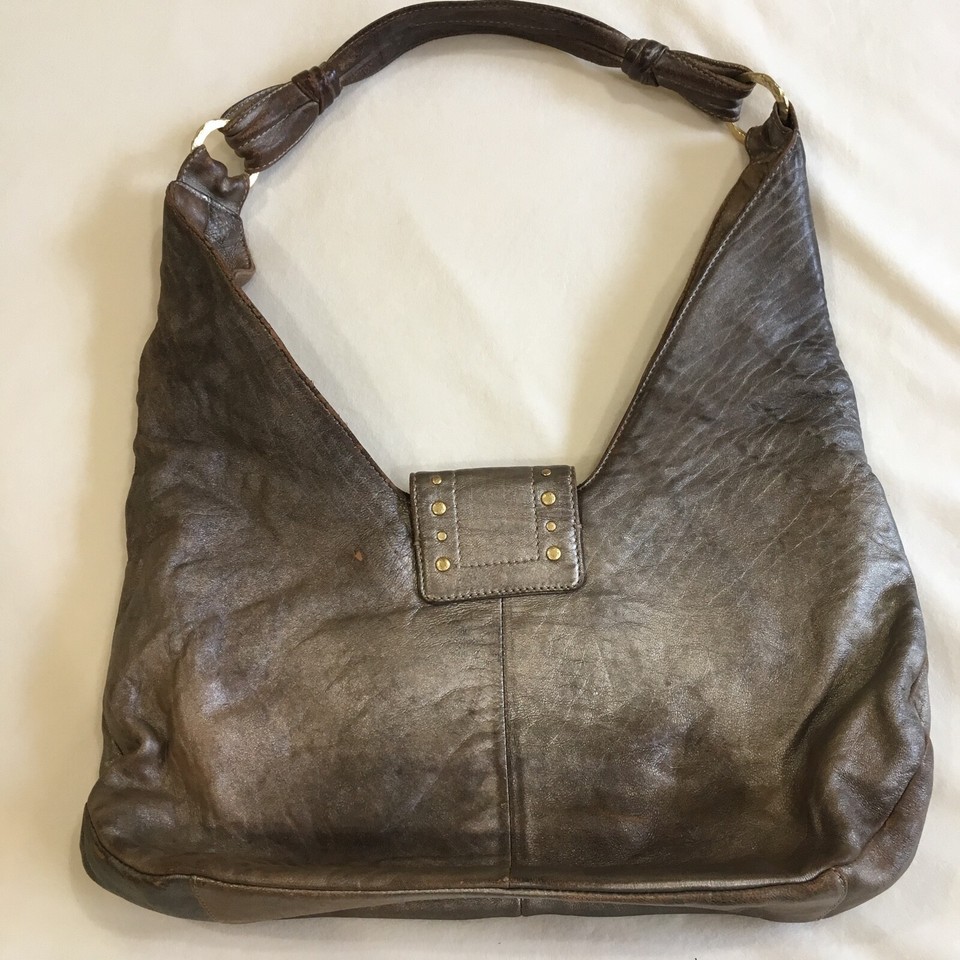 SIGRID OLSEN METALLIC SILVER GOLD LEATHER SHOULDER TOTE SATCHEL SLOUCH ...