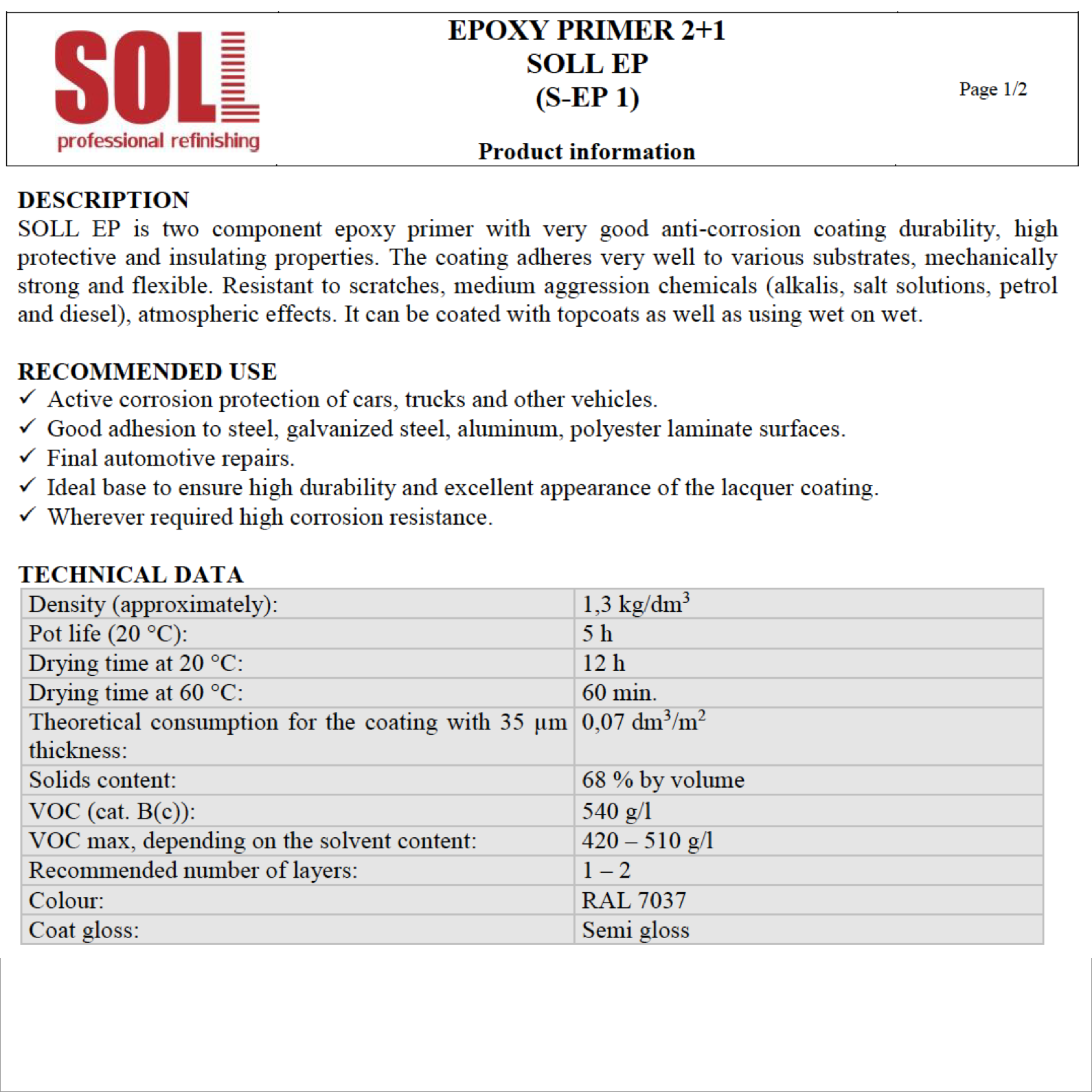 SOLL 2K EPOXY PRIMER BLACK 1.5L Spray Car Anti Corrosion Filler 2:1 wet ...