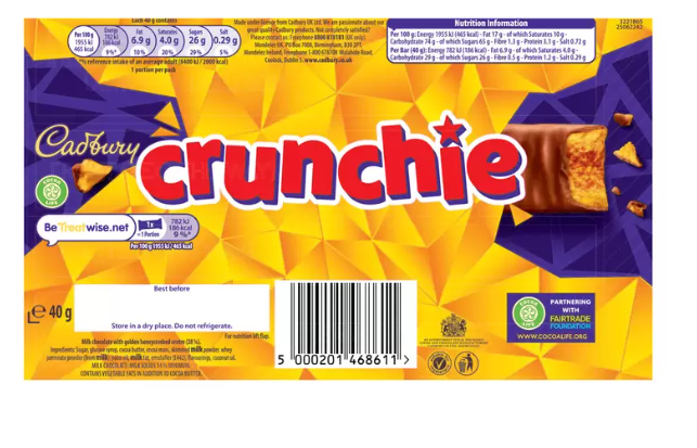 Cadbury Crunchie 48 x 40g - Full Box Chocolate Honeycomb, Snack, BBE 29 ...