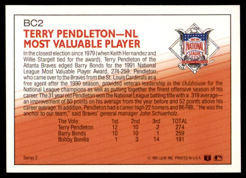 1992 Donruss #BC2a Terry Pendleton Bonus Cards | eBay