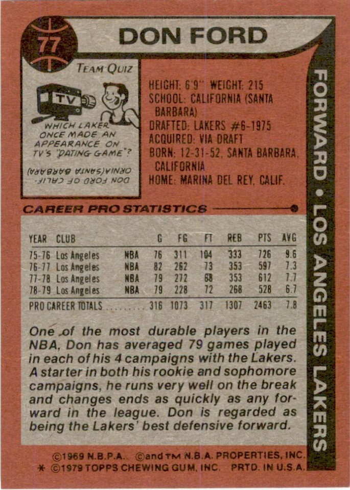 1979-80 Topps Basketball Don Ford (F) Los Angeles Lakers #77 | eBay