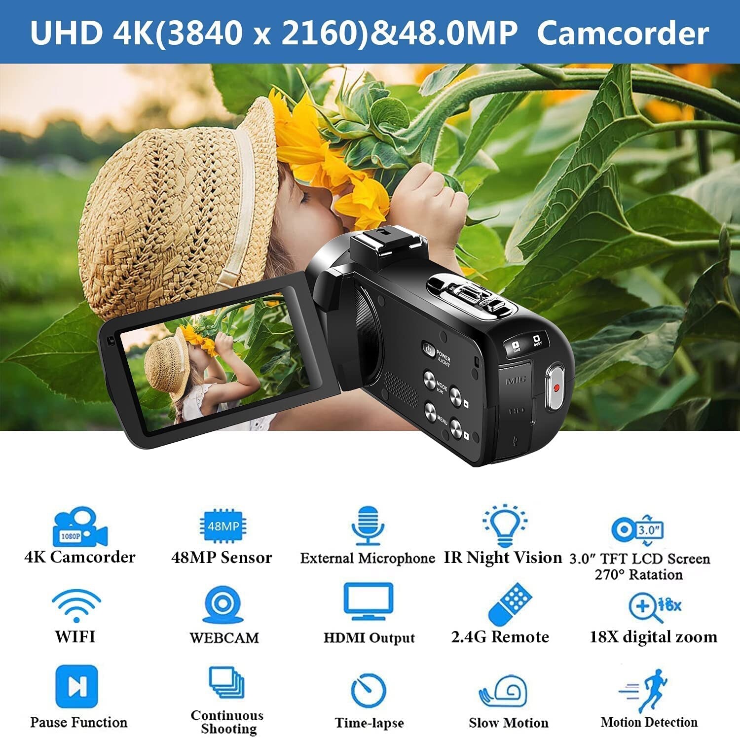 Video Camera 4K Camcorder WiFi 48MP Vlogging Camera for YouTube with ...