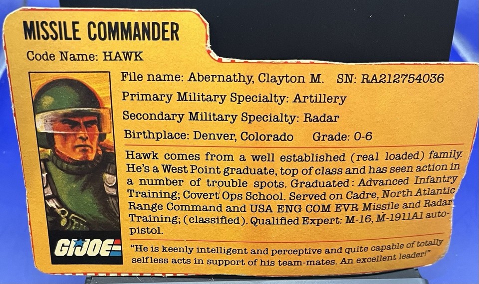 GI JOE Hawk Figure Straight Arm 1982 w/ Card & Gun (needs body ...