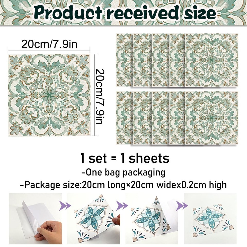10pcs 20x20cm Removable Square Vintage Floral Pattern Tile Stickers 3D ...