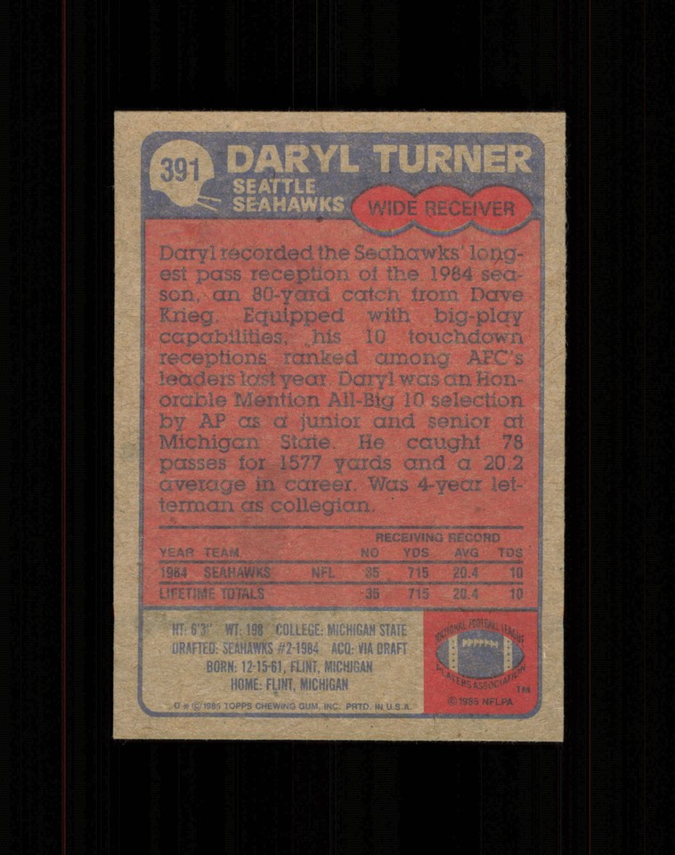 1985 Topps Football #391 Daryl Turner RC Seattle Seahawks | eBay