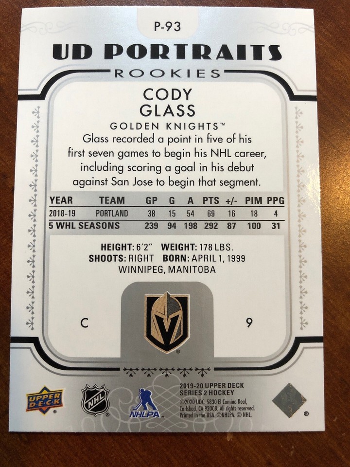 19-20 UD Series 2 Hockey Rookie UD Portraits P-93 Cody Glass | eBay