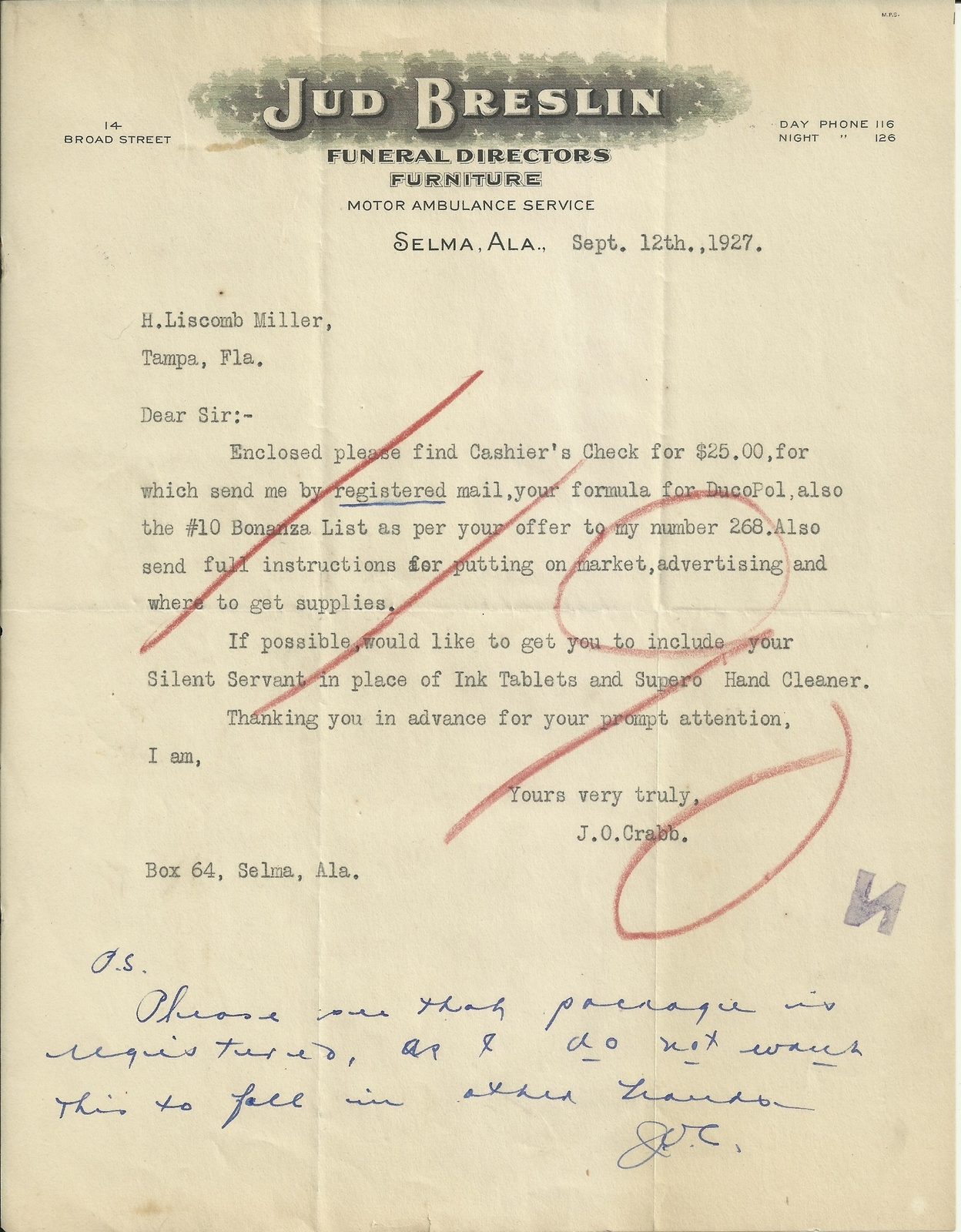 OLD VINTAGE JUD BRESLIN FUNERAL DIRECTORS SELMA ALABAMA 1927 LETTER ...