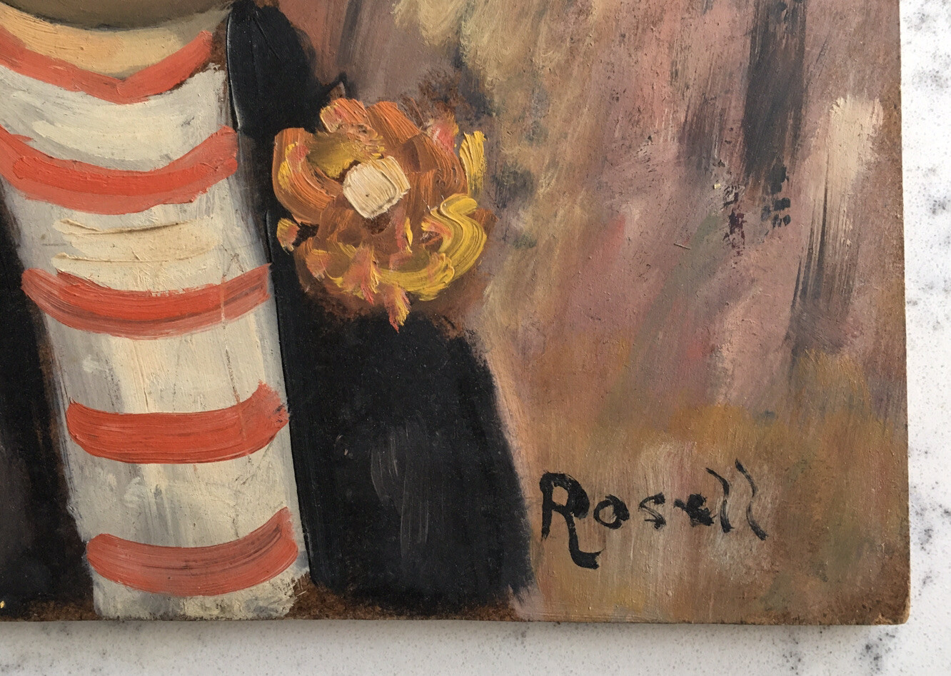 ARTIST SIGNED ROSELL OIL PAINTING ON BOARD PORTRAIT OF A CHILD CLOWN ...