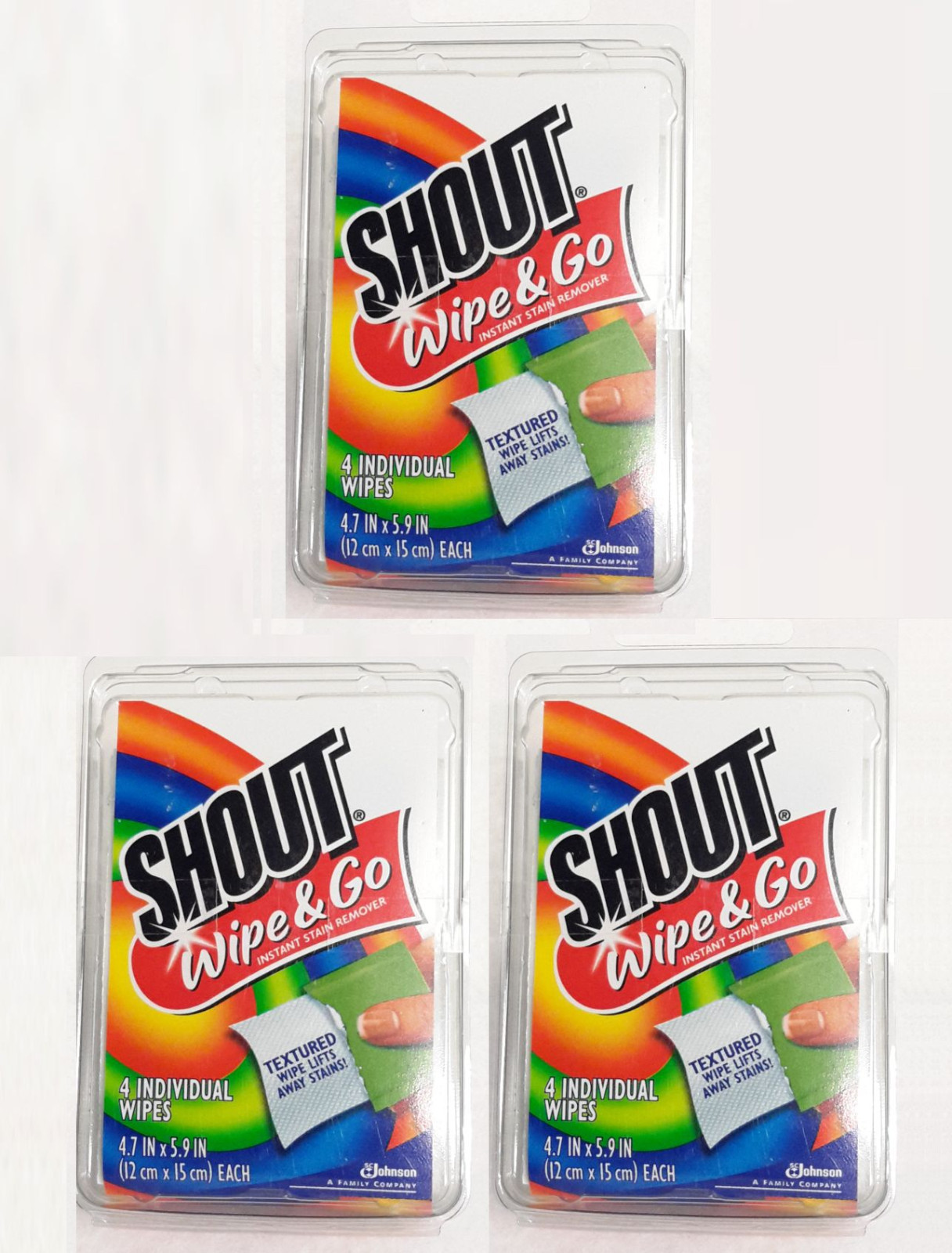 3 Packs Shout Wipe & Go Stain Remover Lifts Away Stains Total 12 Wipes ...