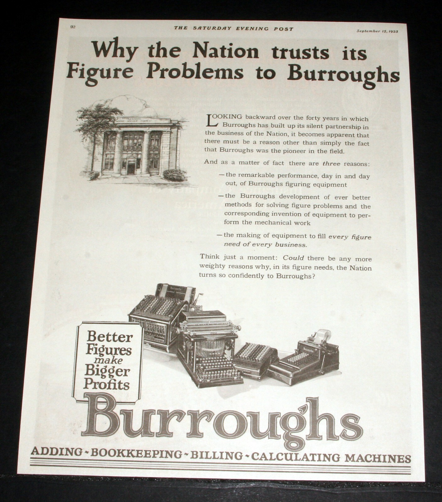 1923 OLD MAGAZINE PRINT AD, BURROUGHS ADDING MACHINES, MAKE BIGGER ...