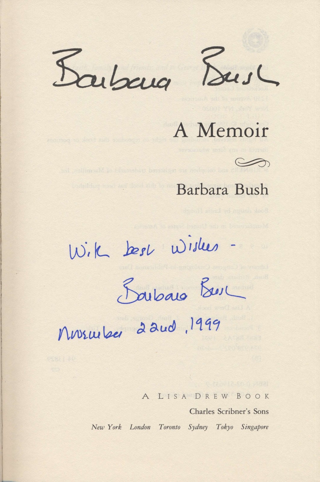 BARBARA BUSH Autographed Inscribed Signed Book A Memoir First Lady US ...