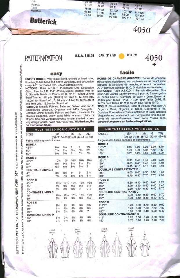 4050 Vintage Butterick Sewing Pattern Misses Loose FItting Unisex Robes ...