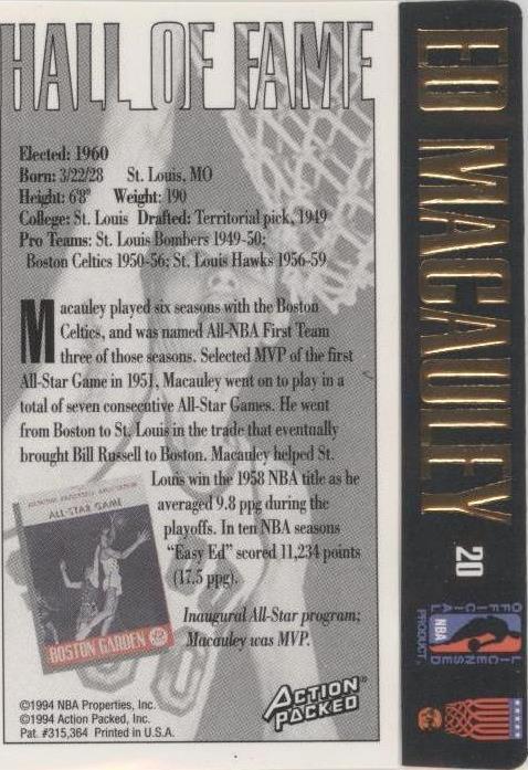 1994-95 Action Packed Basketball Hall of Fame - #20 Ed Macauley | eBay