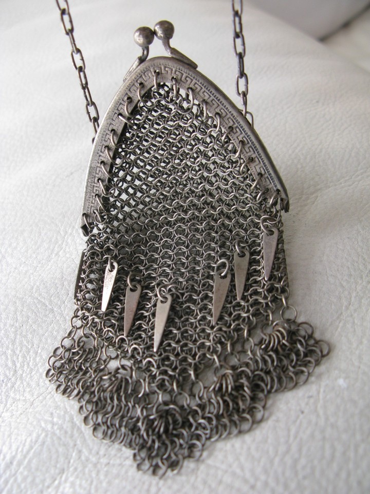 Antique Chatelaine Silver Greek Key Frame 7 Tassels Mesh Coin Purse ...