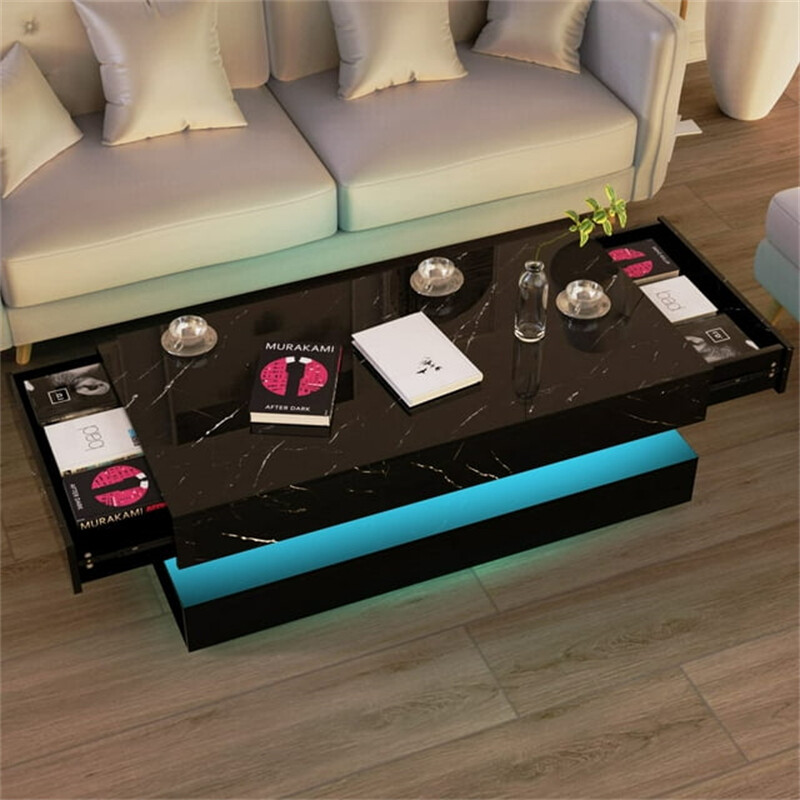 47.3IN Modern High Glossy LED Coffee Table,APP LED Lights,with 2 ...