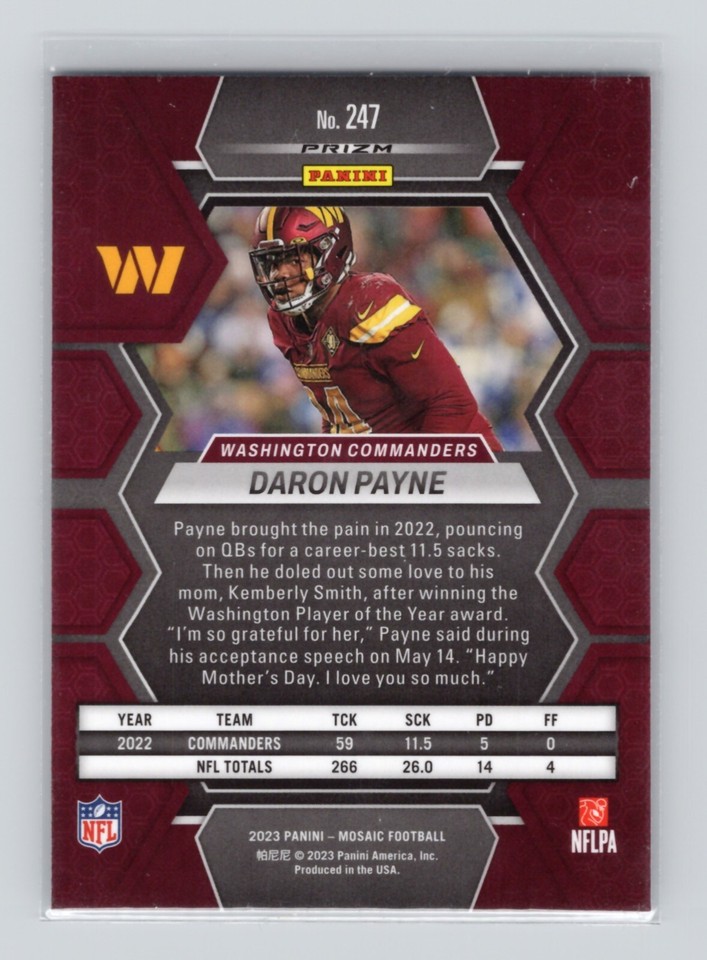 2023 Panini Mosaic Reactive Blue #247 Daron Payne - Washington ...