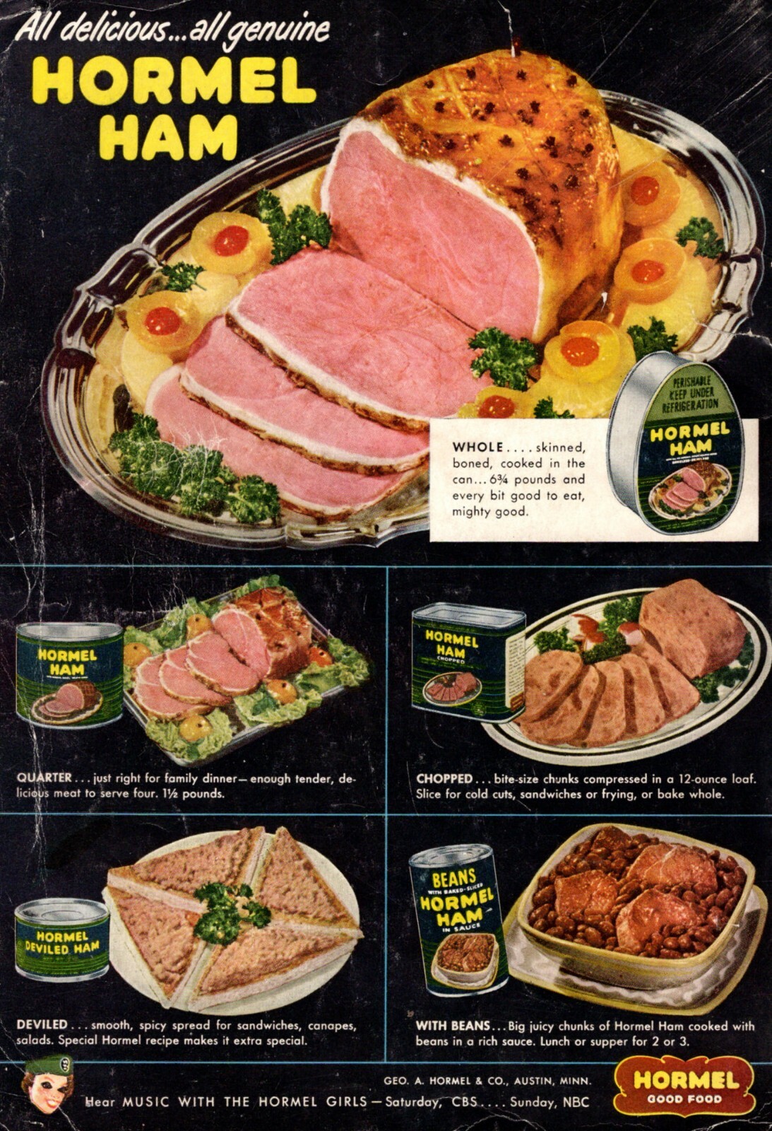 1951 vintage food AD HORMEL Canned Ham chopped, whole, with beans ...