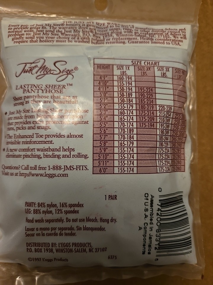 VTG Just My Size by Leggs Lasting Sheer pantyhose 3X Soft Black ...