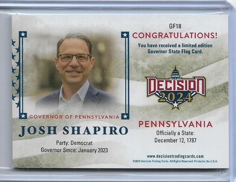 2023 2024 DECISION ~ GOVERNOR JOSH SHAPIRO STATE FLAGS CARD #GF18 ...