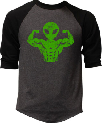 New Men's Buff Alien Charcoal Baseball Raglan T Shirt Powerlifting MMA ...