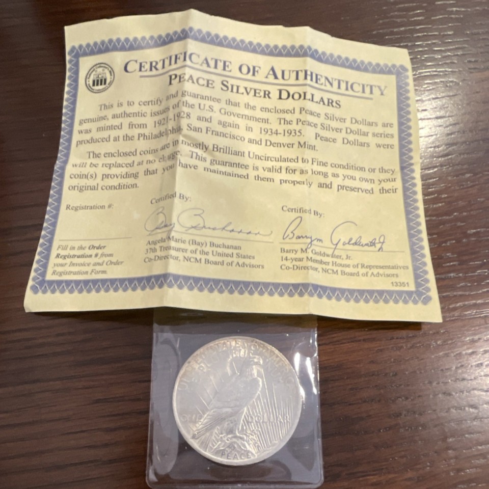1922 Peace Silver Dollar $1 Circulated Fine Grade Certificate of ...