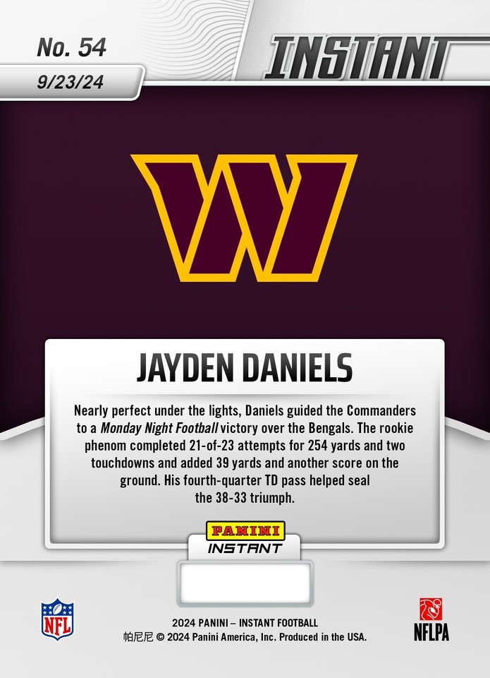 (4) 2024 Panini Instant Jayden Daniels ROOKIE CARDS Commanders #6 #30 ...
