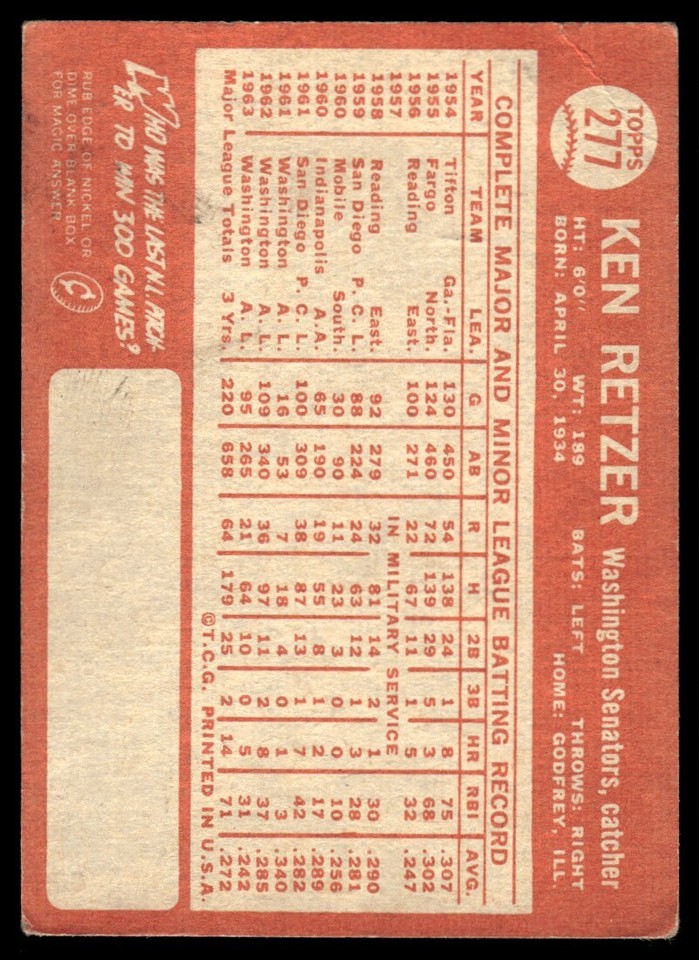 1964 Topps Ken Retzer Washington Senators #277 | eBay