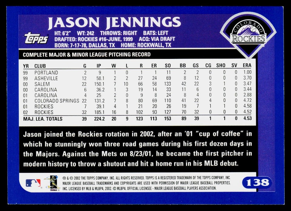 2003 Topps #138 Jason Jennings Colorado Rockies | eBay