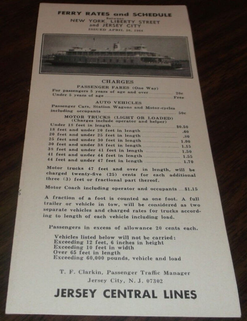 APRIL 1964 CNJ JERSEY CENTRAL JERSEY CITY NJ FERRY SERVICE PUBLIC ...