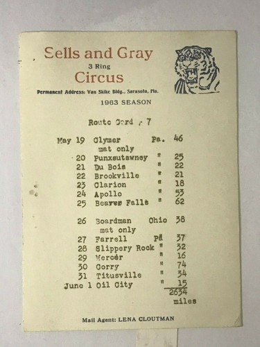 1963 Sells and Gray 3 Ring Circus Official Route Card No. 7 | eBay