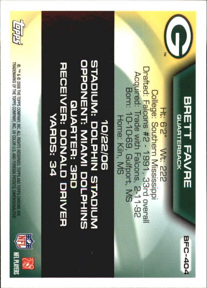 2008 Topps Chrome Brett Favre Collection Football Card #BF404 Brett ...