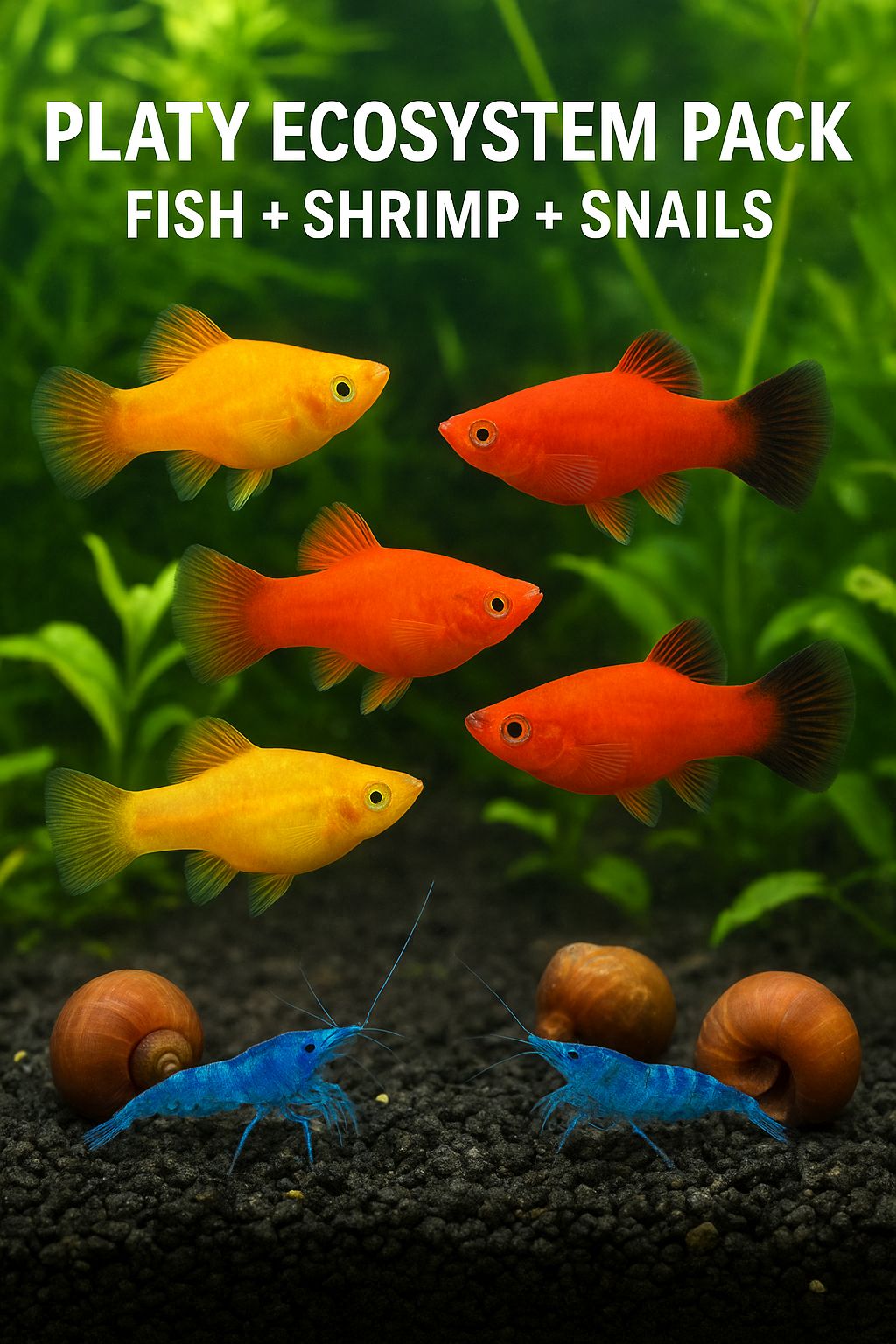 Mini Platy Ecosystem Pack – 5 Platies + 3 Shrimp + 2 Snails Live Combo ...