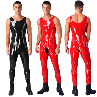 Men's Leather Slim Fit Unitard Bodysuit Wet Look Hollow Out Jumpsuit ...