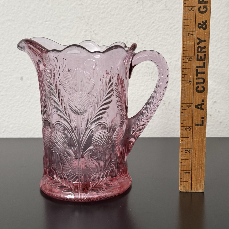 Vintage Mosser Inverted Thistle Glass Pitcher Light Cranberry Pink 6 5/ ...
