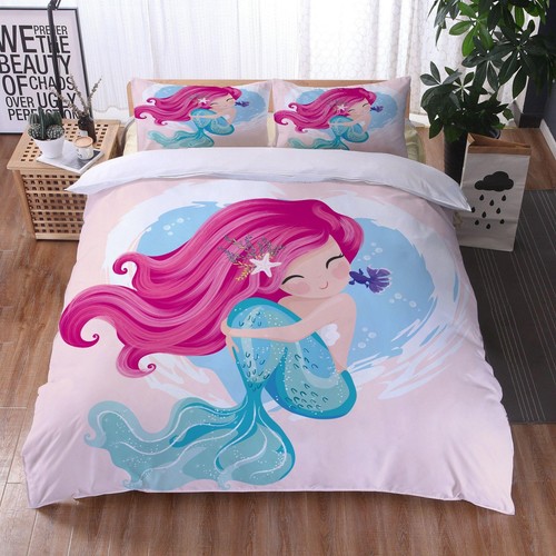 Girls Gift Cartoon Mermaid Doona Quilt Duvet Cover Set Single Queen ...