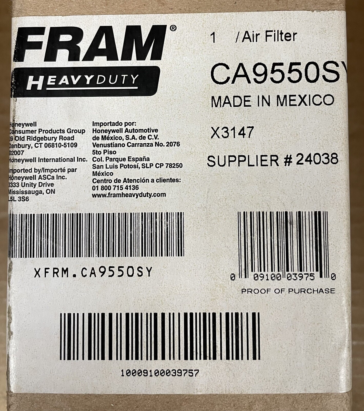 Fram CA9550 - Air filter cross reference