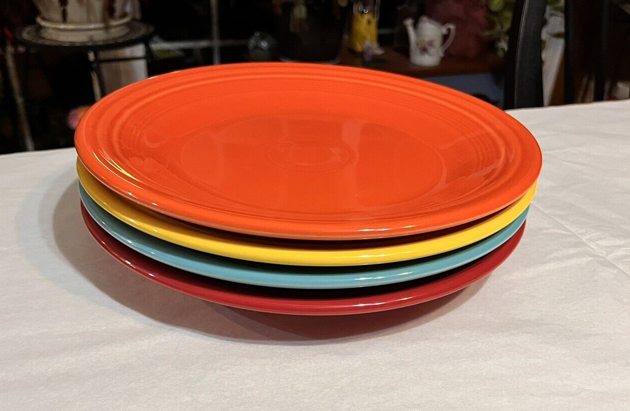 4 FIESTA DINNER PLATES ORANGE YELLOW CRANBERRY & TURQUOISE 10 1/2 ...