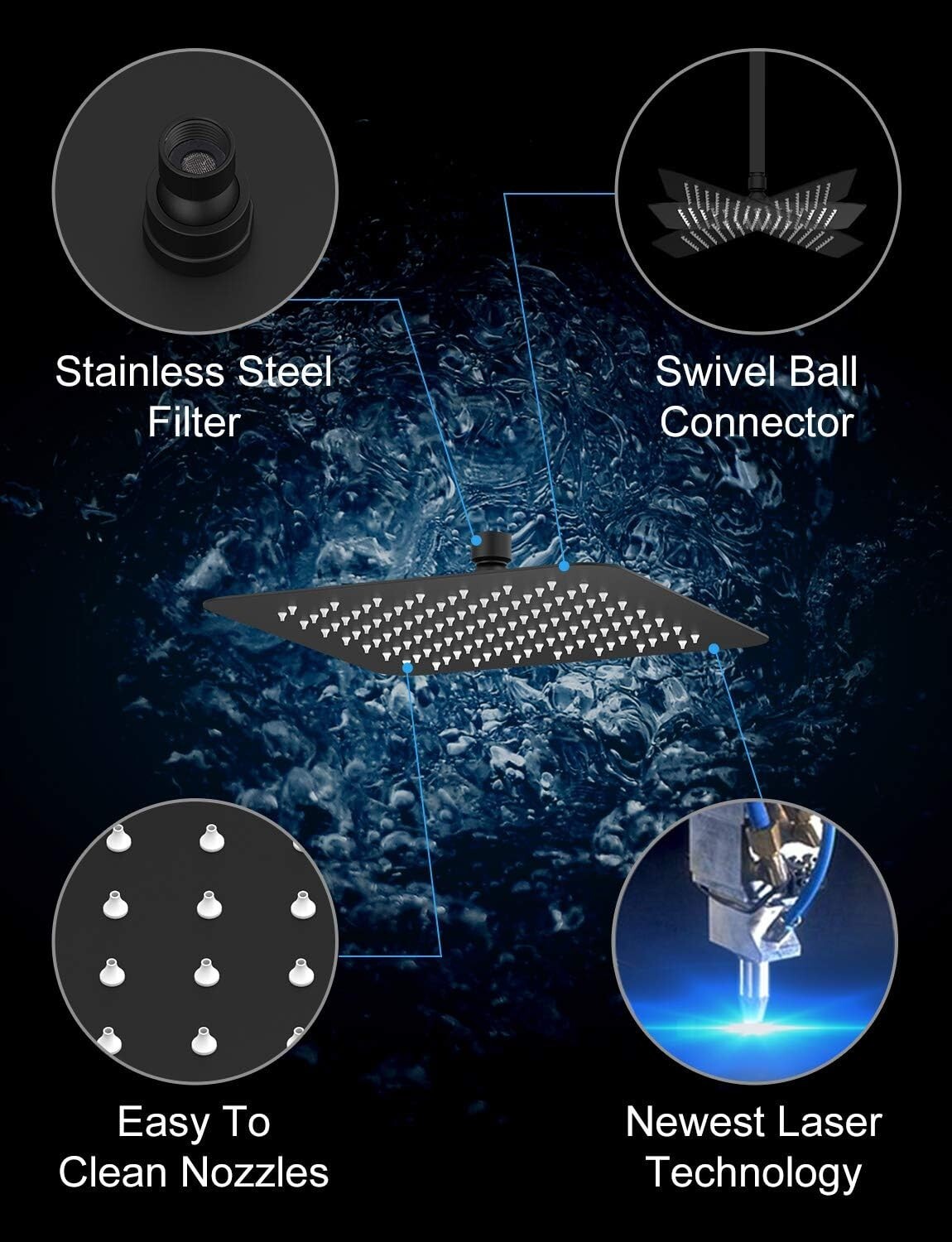 Black Rain Shower Head 16" HIGH PRESSURE Square Stainless Steel ...