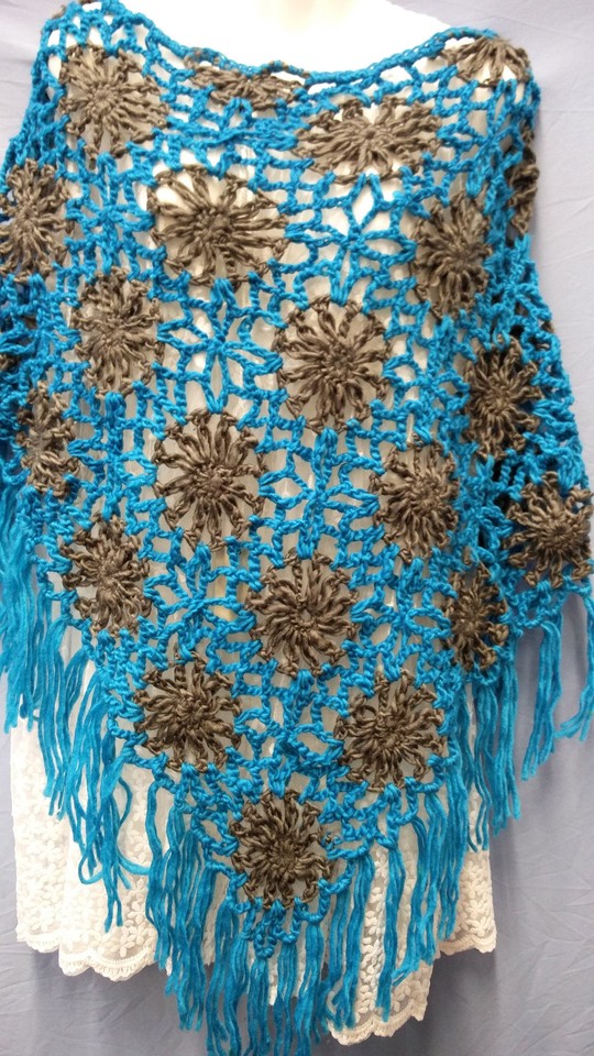 Premium Turquoise Blue Crochet Bat Wing Poncho Gray Floral Knitting ...