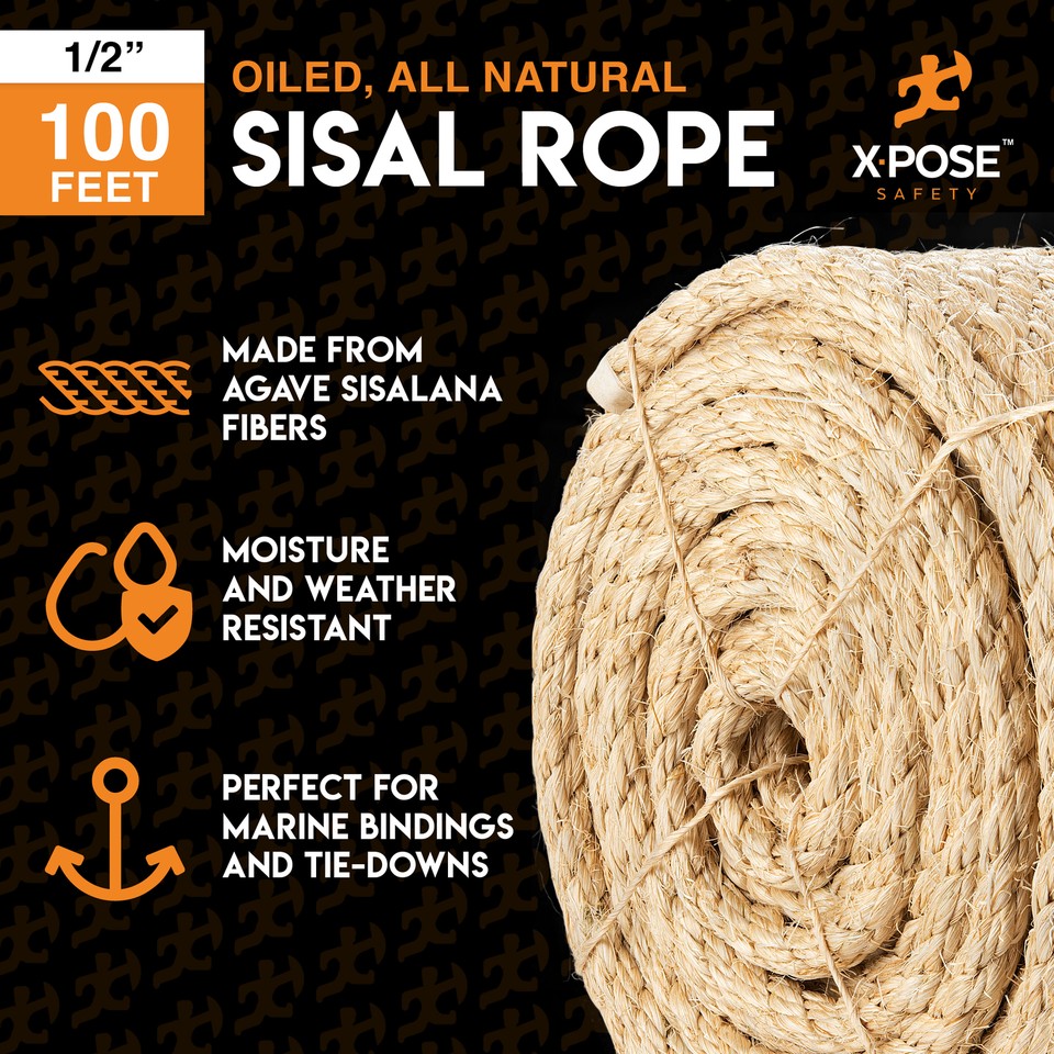 Sisal Rope - 1/2 Inch x 100' Thick Rope, Heavy Duty Durable Natural ...