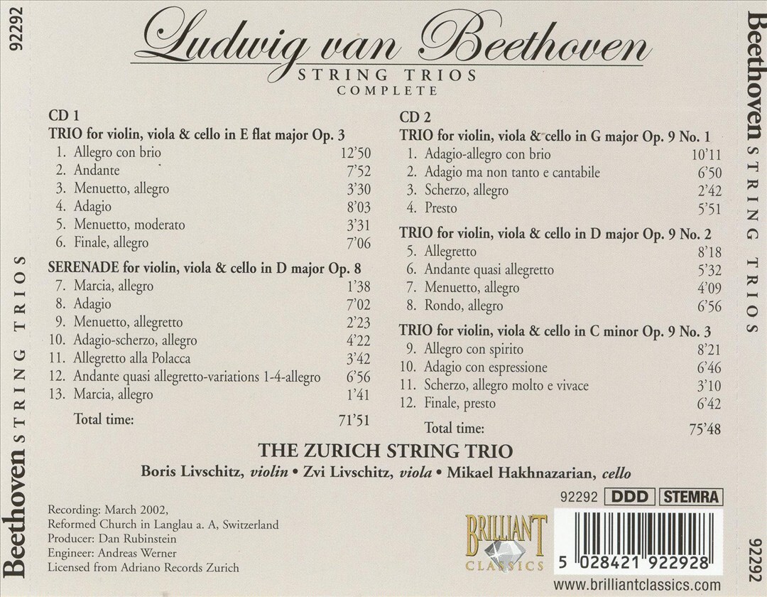 Beethoven: String Trios (Complete) (CD, May-2005, 2 Discs, Brilliant ...
