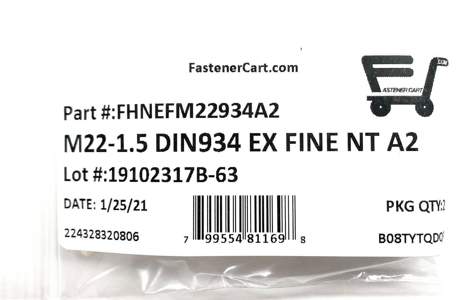 (2) M22-1.50 Stainless Steel DIN934 Extra Fine Thread Metric Finished ...