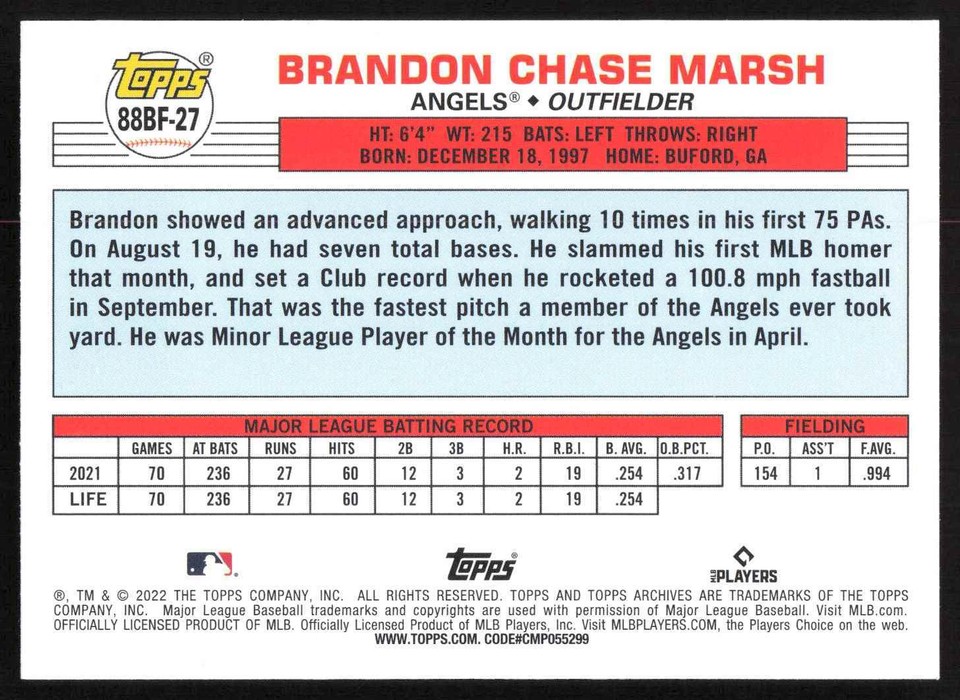 2022 Topps Archives '88 Topps Big Foil Brandon Marsh RC #88BF-27 Salt ...