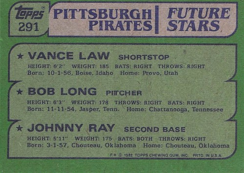 1982 Topps #291 Pirates Future Stars (Vance Law / Bob Long / Johnny Ray ...