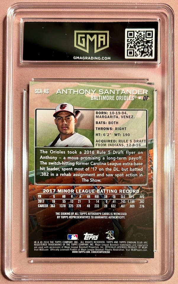 2018 Topps Stadium Club Anthony Santander Auto Rookie #SCA-AS RC GMA ...