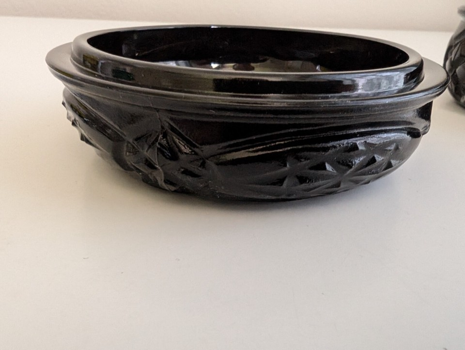 Vintage black glass candy dish cut octagram round lid trinket art deco ...